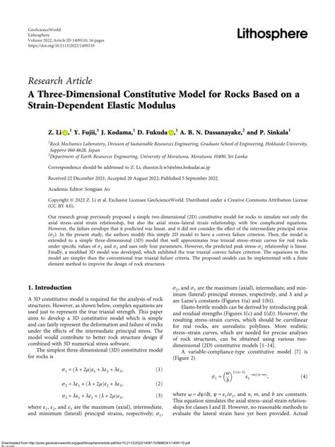 Pdf A Three Dimensional Constitutive Model For Rocks Based On A