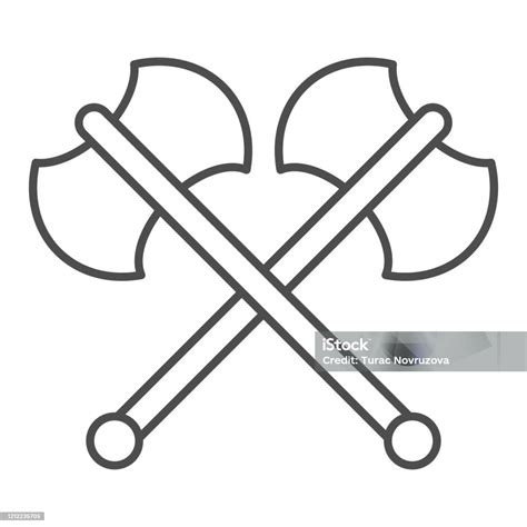 두 축 가는 선 아이콘입니다 이중 도끼 전투 항목 기호 흰색 배경에 윤곽 스타일 그림 모바일 개념 및 웹 디자인에 대한 전쟁 또는 군사 기호 벡터 그래픽 두 물체에 대한