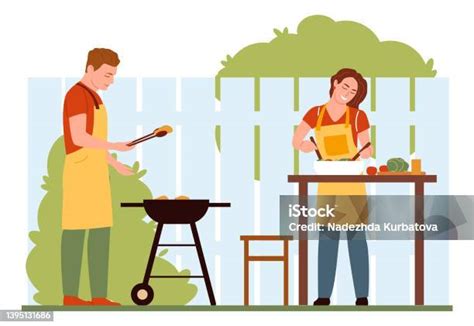행복한 커플 요리 바베큐 고기를 굽는 사람 샐러드를 제공하는 여성 고기에 대한 스톡 벡터 아트 및 기타 이미지 고기 굽기 남자 Istock