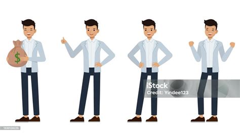 아시아 사업가는 파란색 정장 캐릭터 벡터 디자인을 착용합니다 다양한 액션으로 프리젠 테이션 감독에 대한 스톡 벡터 아트 및 기타 이미지 Istock