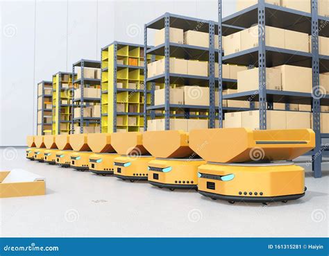 Line Of Autonomous Mobile Robots In Modern Warehouse Stock Illustration Illustration Of