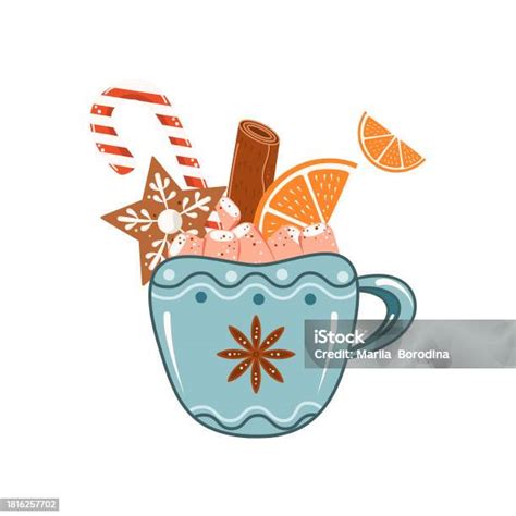 마시멜로 달콤한 민트 사탕 지팡이 귤 슬라이스 계피 스틱 고립 된 배경에 진저 브레드 스타와 크리스마스 코코아 컵 계피에 대한 스톡 벡터 아트 및 기타 이미지 Istock
