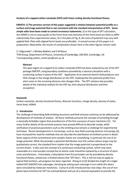 Pdf Analysis Of A Capped Carbon Nanotube Cnt With Linear Scaling Density Functional Theory