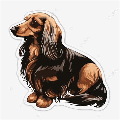 앉아있는 개 클립 아트를 보여주는 스티커 일러스트 벡터 고립 된 만화 장발 닥스 훈트와 스티커 디자인 상표 스티커 일러스트 Png 일러스트 및 벡터 에 대한 무료