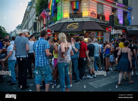 Paris France Lgbtqi Public Crowd People Celebrating In The Marais
