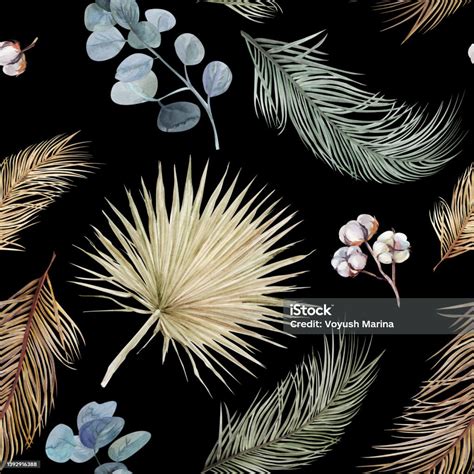 야자수 잎과 면화 나뭇 가지가있는 여름 수채화 이음새가 없는 패턴 고풍스런에 대한 스톡 벡터 아트 및 기타 이미지 고풍스런 꽃 나무 꽃 식물 Istock