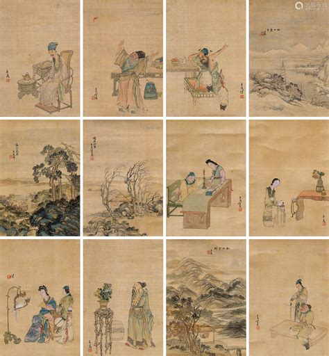 任薰 山水、人物三挖四屏 立轴 设色绢本－【deal Price Picture】