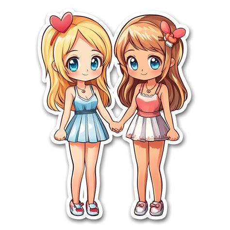 Cute Chibi Friends Holding Hands Sticker Design Stock Illustration Illustration Of Dresses