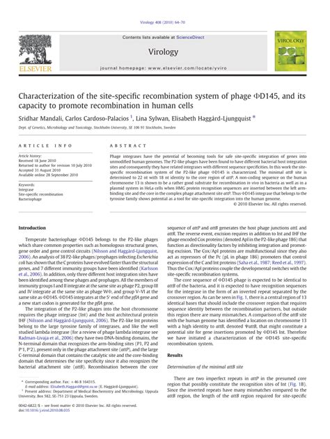 Pdf Characterization Of The Site Specific Recombination System Of Phage Φd145 And Its