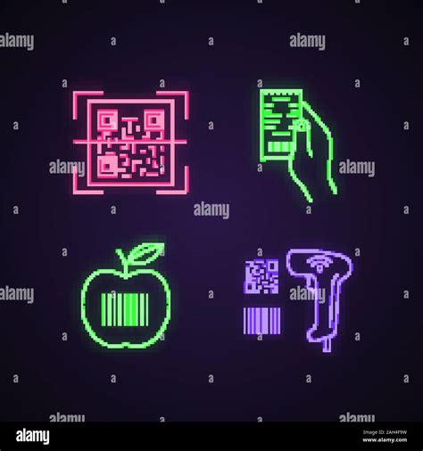Barcodes Neon Light Icons Set Qr Code Scanner Paper Receipt In Hand Product Barcode Handheld