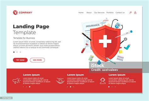 의료 보험 또는 면역 체계 개념 방문 페이지 디자인 템플릿 약약 약제 및 준비를 가진 환자 보호 정책에 빨간 방패 벡터 의료 웹 사이트 일러스트 간호사에 대한 스톡 벡터