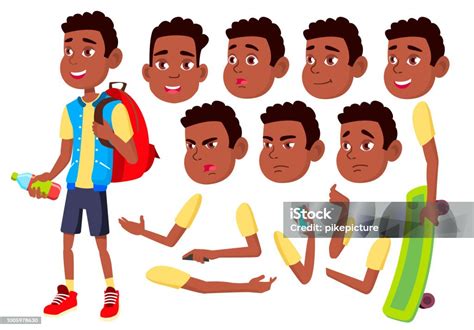 소년 아이 아이 십 대 벡터 행복 한 유년 시절입니다 아프리카 미국 블랙입니다 감정 다양 한 제스처를 얼굴 애니메이션 만들기 세트입니다 플랫 만화 캐릭터 일러스트를 절연