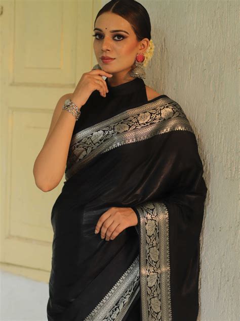Banarasee Handwoven Semi Silk Saree With Silver Zari Border Black