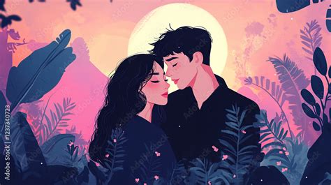 Romantic Couple Lo Fi Cartoon On Garden Moon Background For Valentine