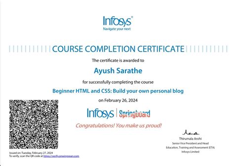Ayush Sarathe On Linkedin Infosysspringboard Html Css Lnct Certification