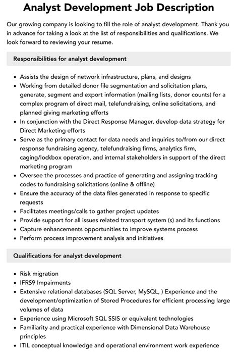 Analyst Development Job Description Velvet Jobs