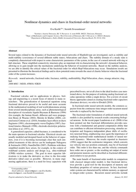 Pdf Nonlinear Dynamics And Chaos In Fractional Order Neural Networks