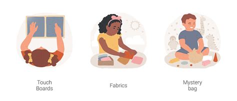 몬테소리 교실 고립 된 만화 벡터 일러스트 레이 션 세트의 촉각 감각 가공의 인물에 대한 스톡 벡터 아트 및 기타 이미지