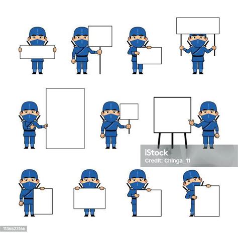 다양 한 빈 배너 포즈 블루 복장 닌자 캐릭터의 집합입니다 재미 닌자 지주 종이 포스터 플 래 카드 화이트 보드를 가리키는 가리키기에 대한 스톡 벡터 아트 및 기타 이미지