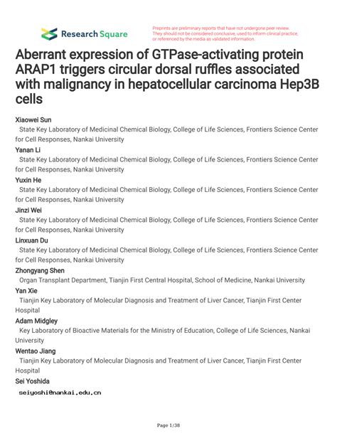Pdf Aberrant Expression Of Gtpase Activating Protein Arap1 Triggers