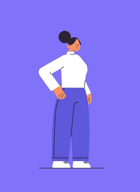 캐주얼 옷을 입고 젊은 여자 아름 다운 소녀 서 포즈 여성 만화 캐릭터 전체 길이 수직 벡터 일러스트 레이 션 프리미엄 벡터