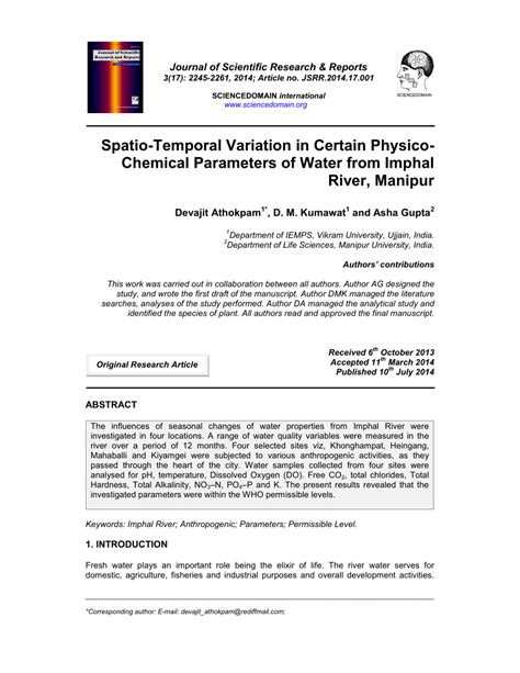 Pdf Spatio Temporal Variation In Certain Physico Chemical Parameters
