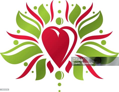 빈티지 전 령 벡터 릴리 꽃 로얄 기호 및 빨간 낭만적인 심장 모양 만든 엠 블 럼 에코 제품 기호 디자인에 대 한 유기 테마