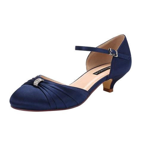 Erijunor Women Comfort Low Kitten Heel Buckle Ankle Strap Satin Bridal Wedding Shoes Wedding