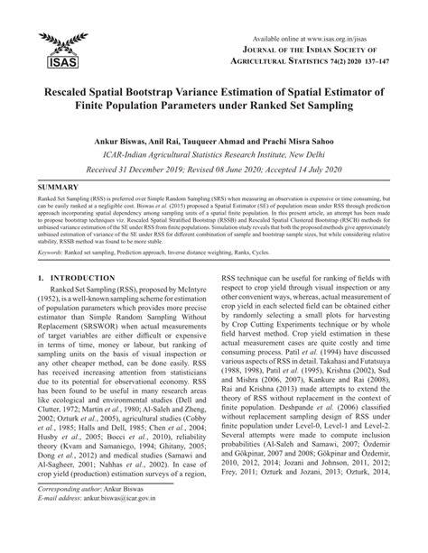 Pdf Rescaled Spatial Bootstrap Variance Estimation Of Spatial Estimator Of Finite Population