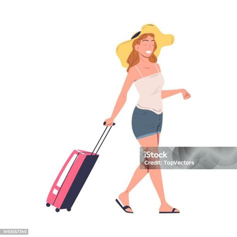 여행 가방을 들고 모자를 쓴 여자 캐릭터는 여행 벡터 일러스트레이션을 가지고 여름 휴가를 간다 가방에 대한 스톡 벡터 아트 및 기타 이미지 Istock