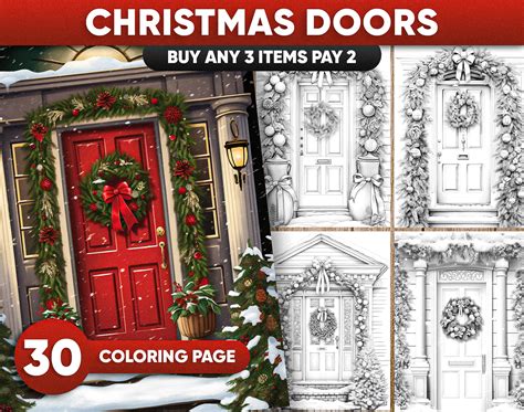 30 Christmas Doors Grayscale Coloring Pages For Adults In Pdf File