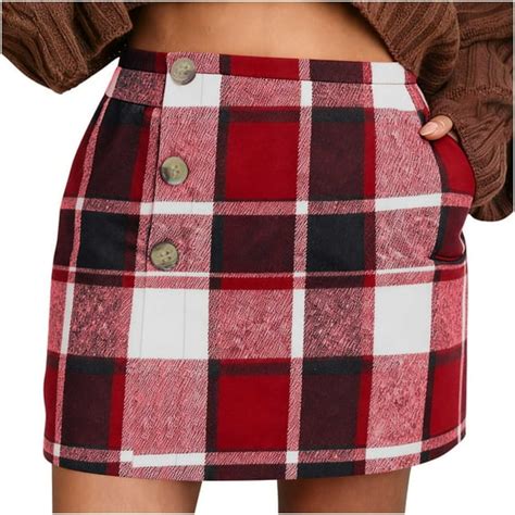 Successthop Womens Plaid Skirt Holiday Red Button Up Elastic Waist Mini