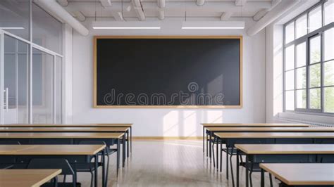 Empty Classroom With Tables Chairs Blackboard No Windows Inside The