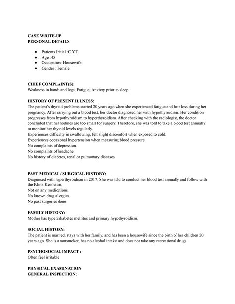 CASE Write UP Case Write Up CASE WRITE UP PERSONAL DETAILS Patients Initial C Y Age