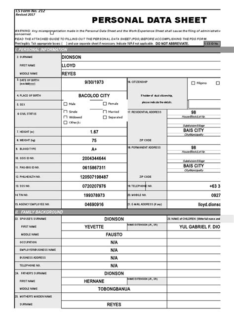 Cs Form No 212 Revised Personal Data Sheet New Pdf Educational Technology Passport
