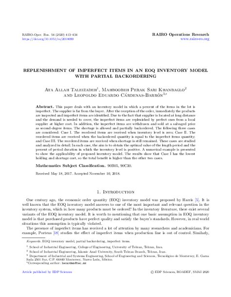 Pdf Replenishment Of Imperfect Items In An Eoq Inventory Model With