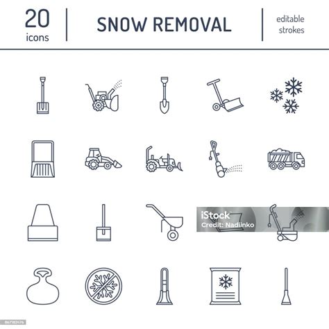 눈 제거 플랫 라인 아이콘입니다 이전 서비스 표시 얼음 추운 날씨 장비스노우 방사 기 송풍기 트럭 프런트 로더 눈 삽 벡터 일러스트 레이 션 산업 청소 기호 제설기 제설