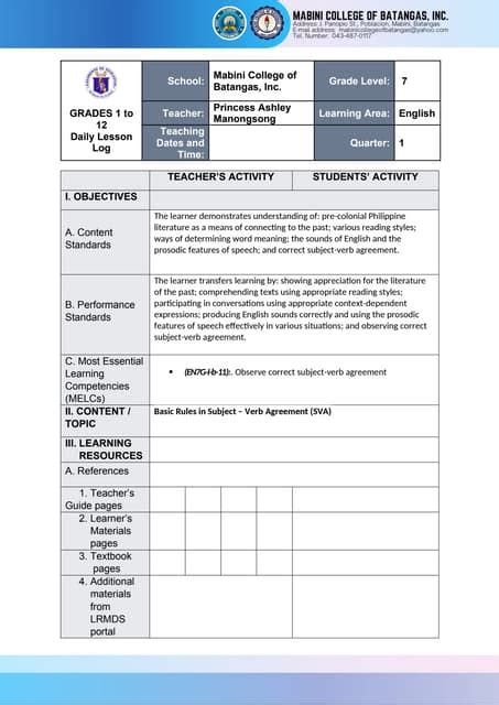 Detailed Learning Plan For Teaching Demo Docx