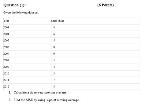Solved Question 1 Points Given The Following Data Set Year Sale