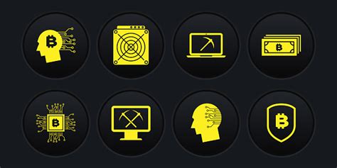 설정 Cpu 마이닝 농장 암호 화폐 비트 코인 모니터와 곡괭이와 광업 디지털 회로 기판으로 뇌 노트북과 Asic 광부 아이콘 벡터 0명에 대한 스톡 벡터 아트 및 기타