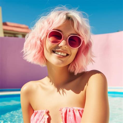 Premium Ai Image A Woman Wearing Pink Glasses And A Pink Shirt Is Sitting In A Pool