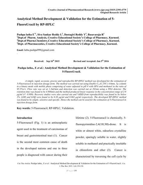 Pdf Analytical Method Development And Validation For The Estimation Of 5 Fluorouracil By Rp Hplc