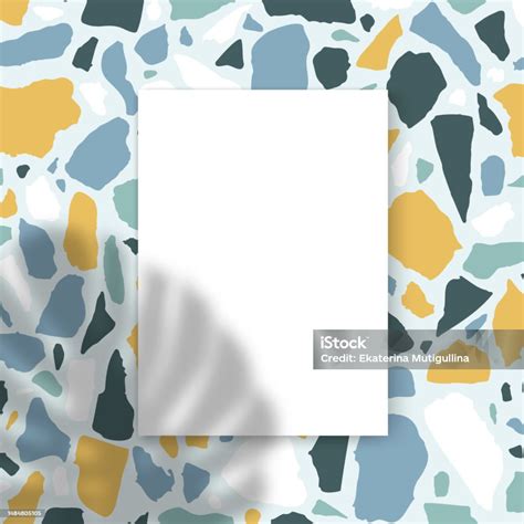 파란색 테라조 배경에 빈 흰색 A4 종이 시트와 몬스테라 잎 그림자 오버레이 효과가 있는 벡터 모형 웹 포트폴리오를 위한 미니멀