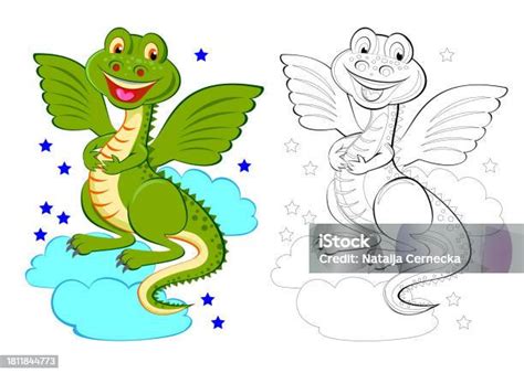 색칠하기 책을 위한 다채롭고 흑백 페이지입니다 귀여운 장난감 드래곤의 그림입니다 어린이 연습장을 위한 인쇄 가능한 워크시트 온라인 교육 평면 만화 벡터입니다 아이들을 위한