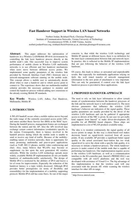 Fast Handover Support In Wireless Lan Based Networks