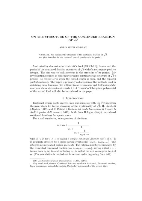 Pdf On The Structure Of The Period Of The Continued Fraction For √ D