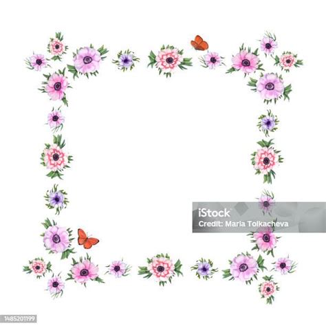 말미잘이 있는 수채화 생일 사각형 프레임 흰색 배경에 분리된 나비 인사말 생일 카드 디자인 초대장 템플릿 인쇄물 파티 장식을 위한 일러스트레이션 검은테주홍부전나비에 대한