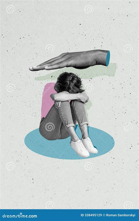 Vertical Photo Collage Of Offended Girl Cry Hug Knee Hand Push