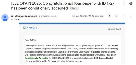 It Is An Immense Pleasure To Inform You That Our Paper Titled Effect Of Plasmonic Metal Core