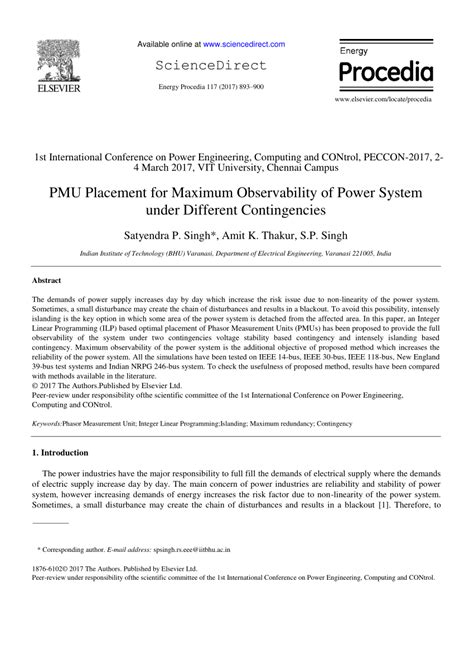 pdf pmu placement for maximum observability of power system under different contingencies